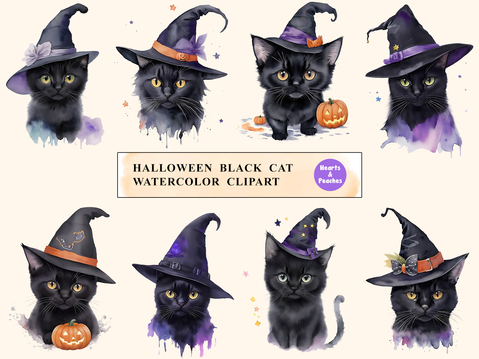 Free Halloween Black Cat Watercolor Clipart Bundle by Hearts and ...