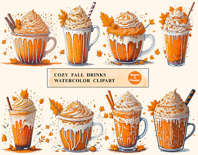Cozy Fall Drinks Watercolor Clipart Bundle by Hearts and Peaches on ...