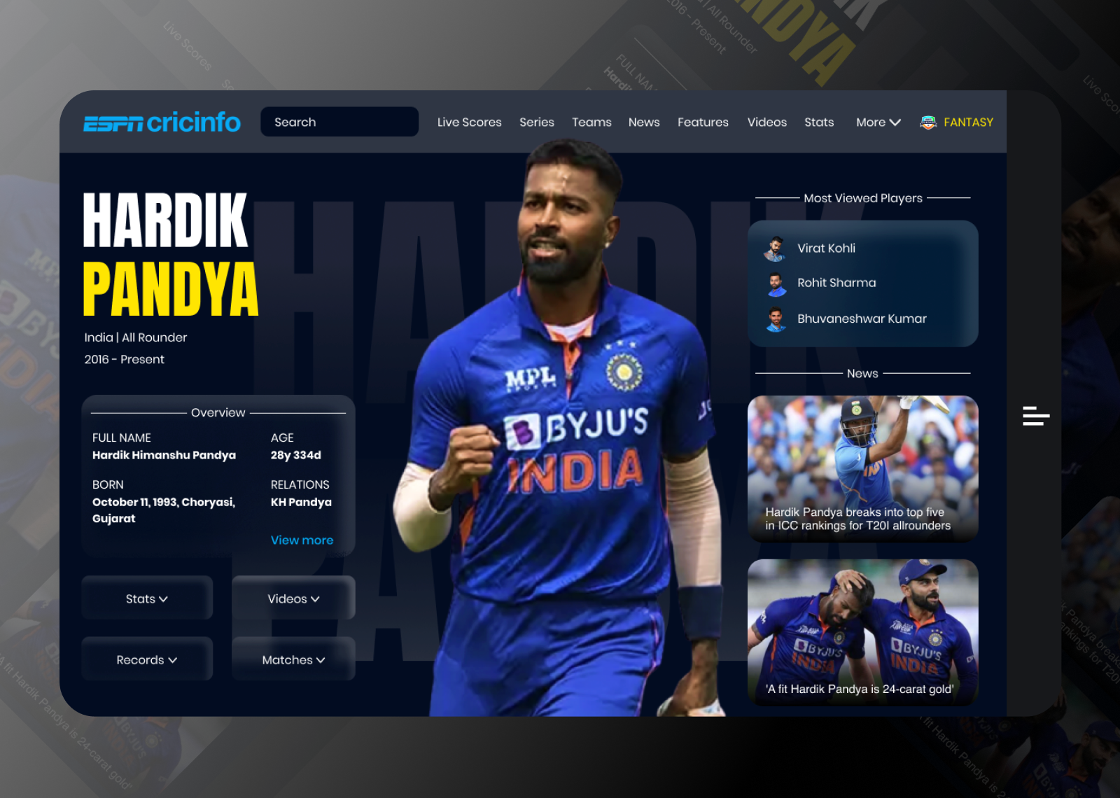Player Profile Page of Cricket Website by Swarnim Tiwari on Dribbble