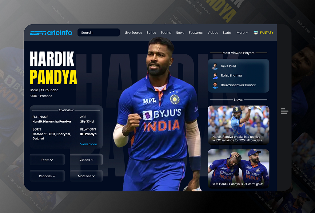 Player Profile Page of Cricket Website by Swarnim Tiwari on Dribbble