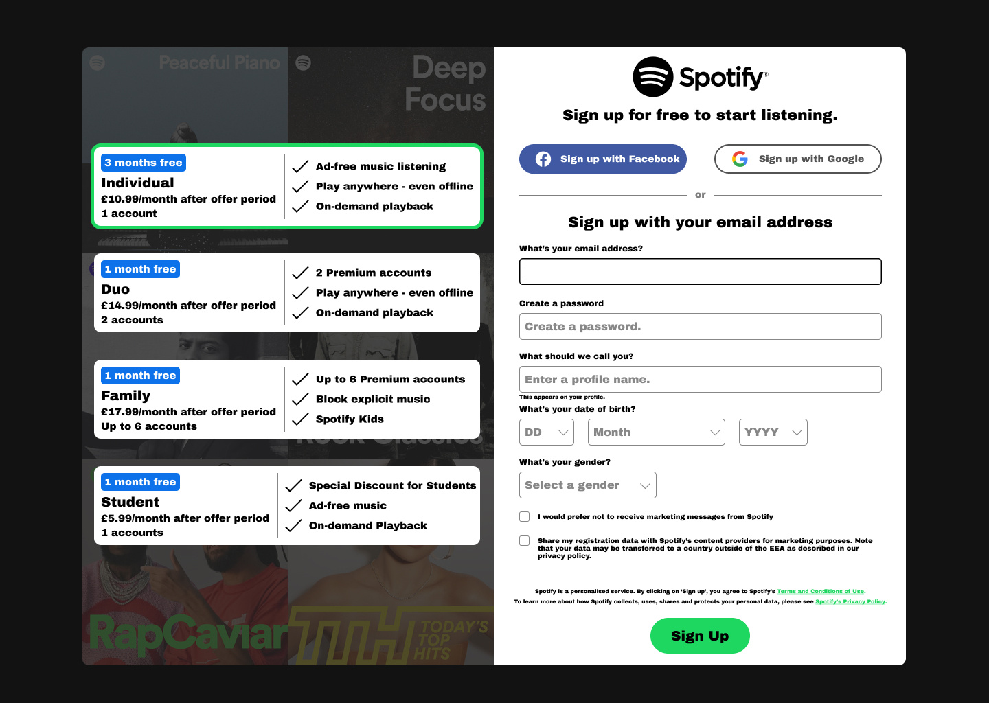 Spotify sign up redesign for Desktop by sam brown on Dribbble