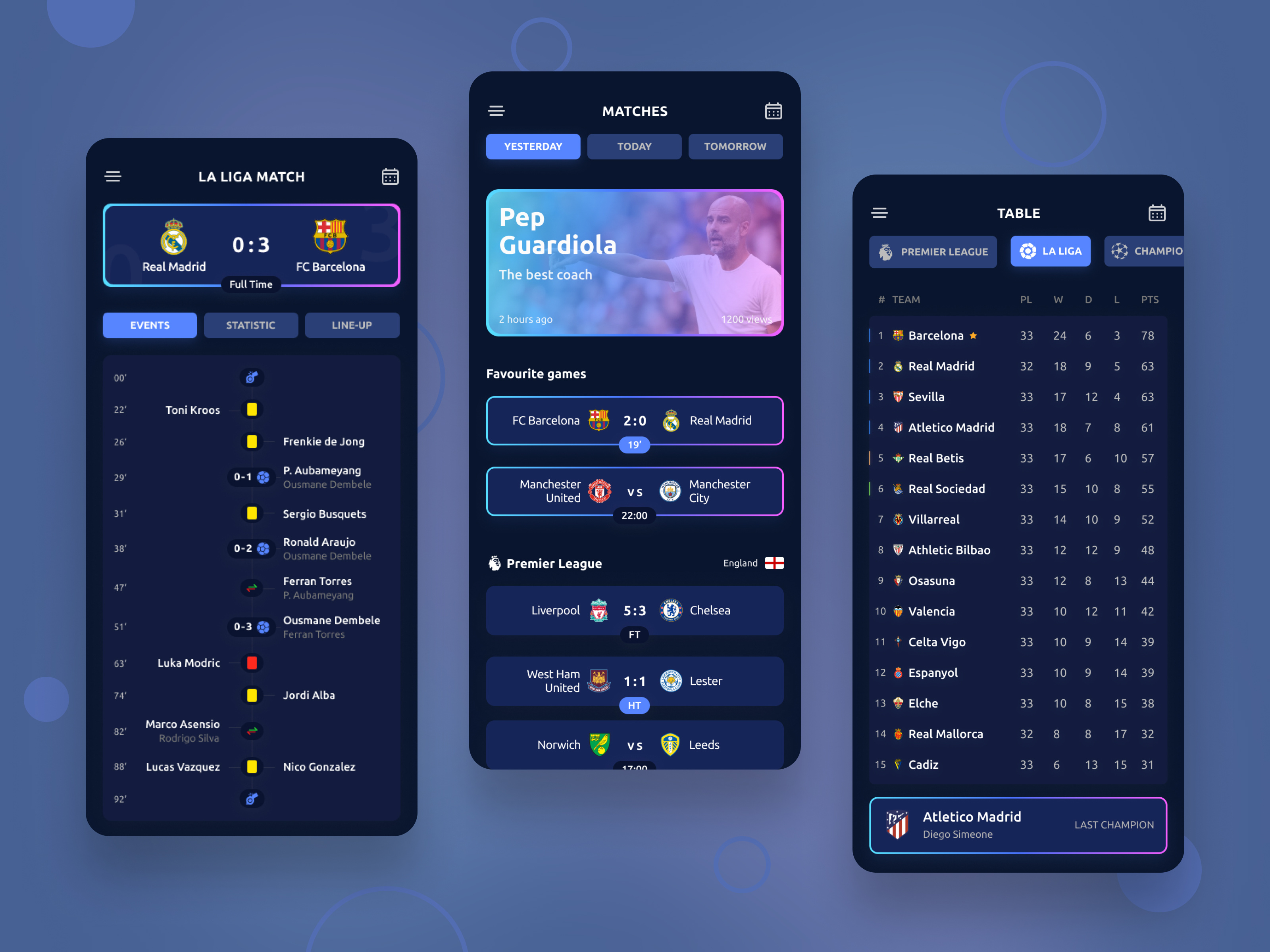 Football App Design Dark & Light Themes by Gadir @ Toofan on Dribbble