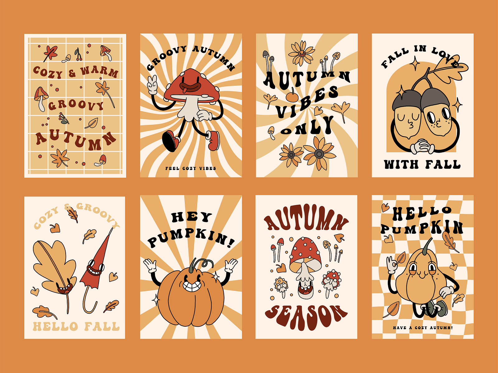 Groovy autumn posters & cards collection by Cute_vector on Dribbble