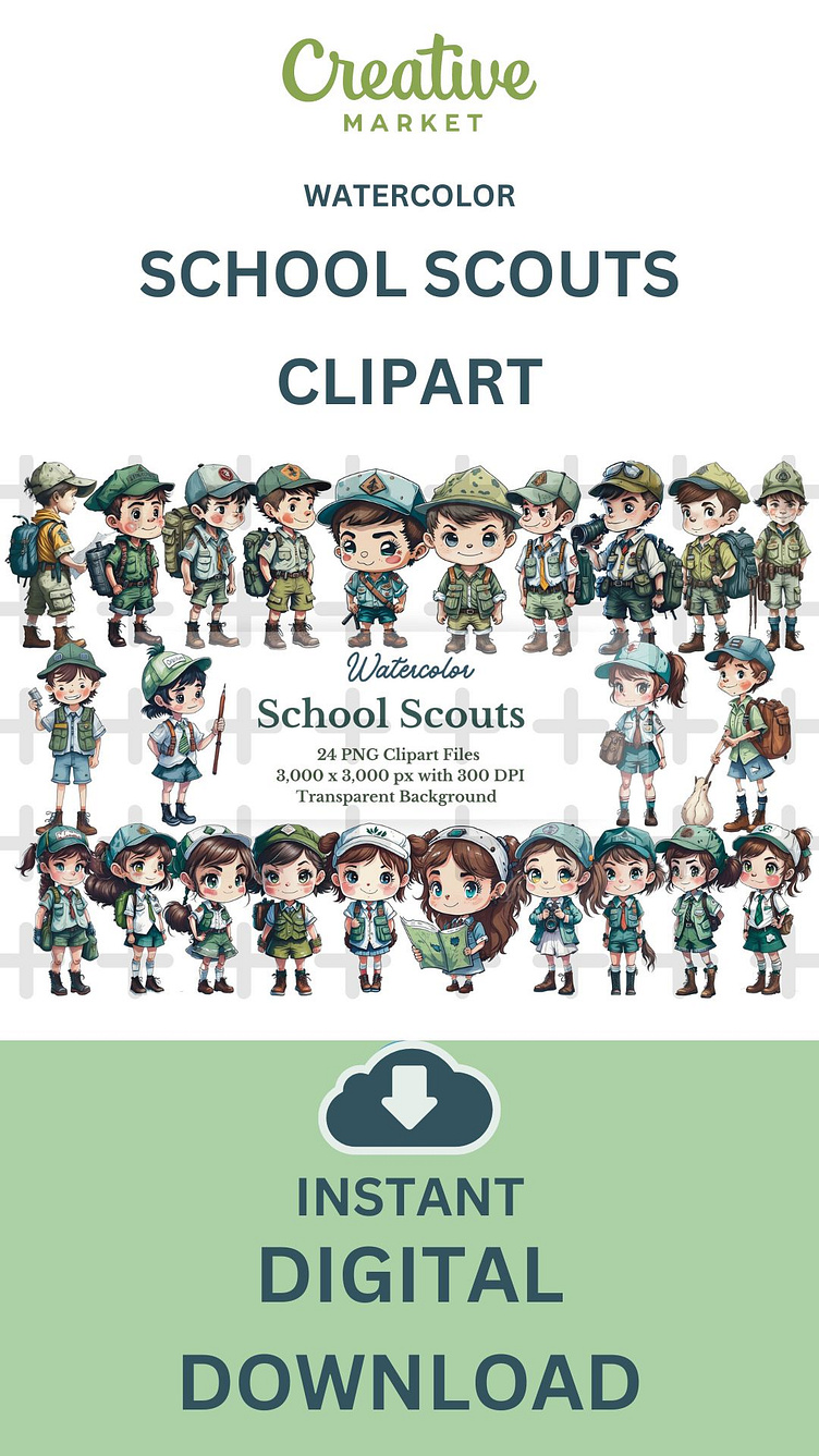 24 PNG WATERCOLOR SCHOOL BOY & GIRL SCOUTS GRAPHICS / CLIPARTS by ...