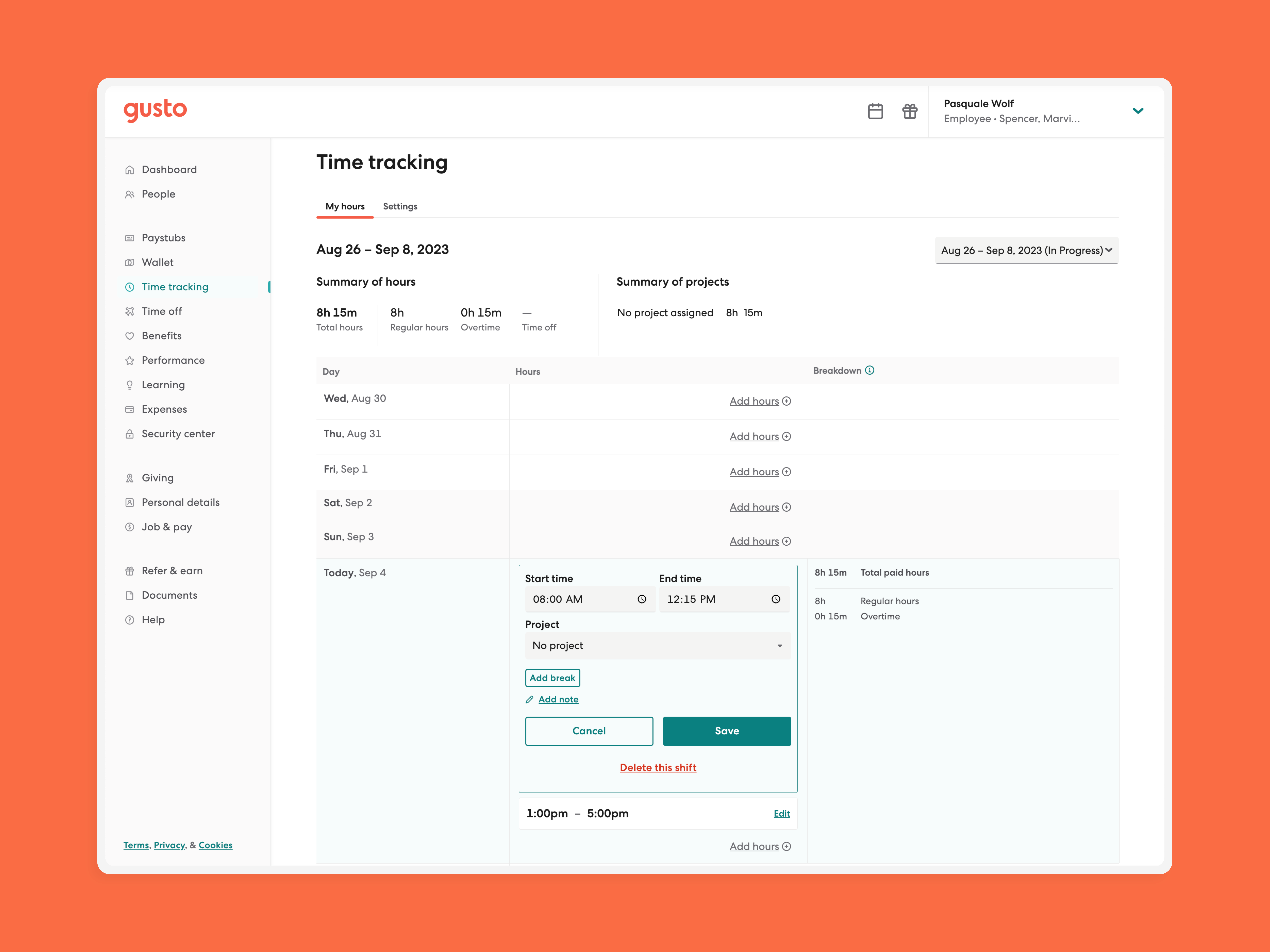 Gusto — Time Tracking (Employee) II by Julio Reguero on Dribbble
