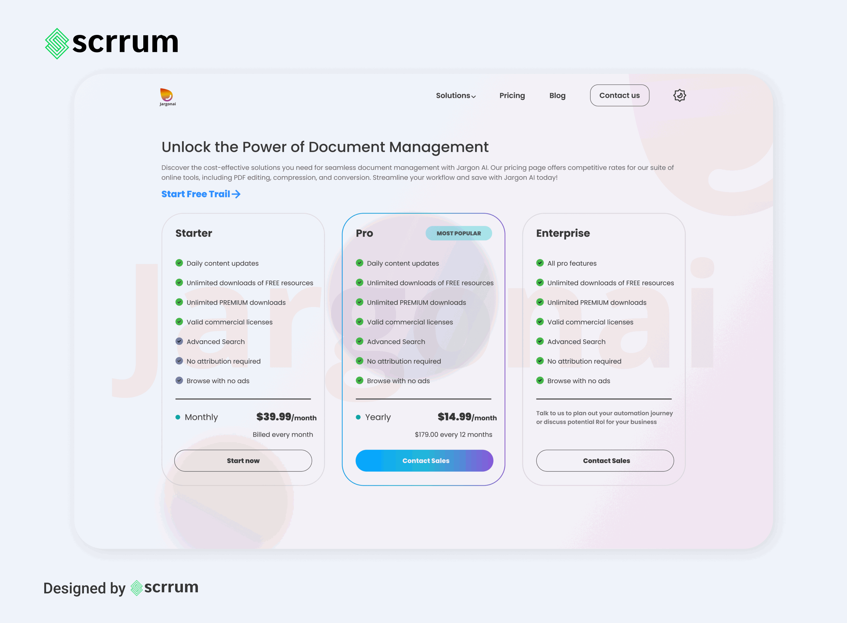 Pricing page for AI tool by Scrrum Labs on Dribbble